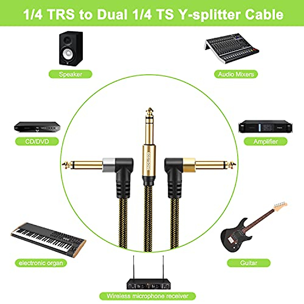 GOSYSONG 1/4 Insert Cable, 1/4 Stereo to Dual 1/4 Mono TRS Insert Cable 15ft, Stereo Breakout Cable 1/4,Stereo to Mono TRS Splitter