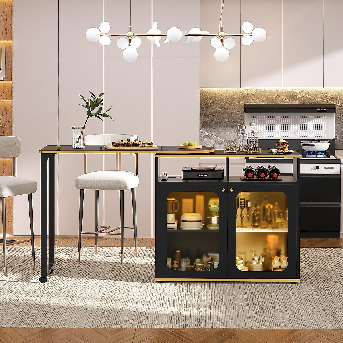 Cyclysio 360° Rotating Bar Cabinet, 59" Home Bar with LED Light & Charging Station, Double-Sided Foldable Liquor Wine Cabinet with Storage for Bar, Liquor, Coffee, Dining, Working, Black