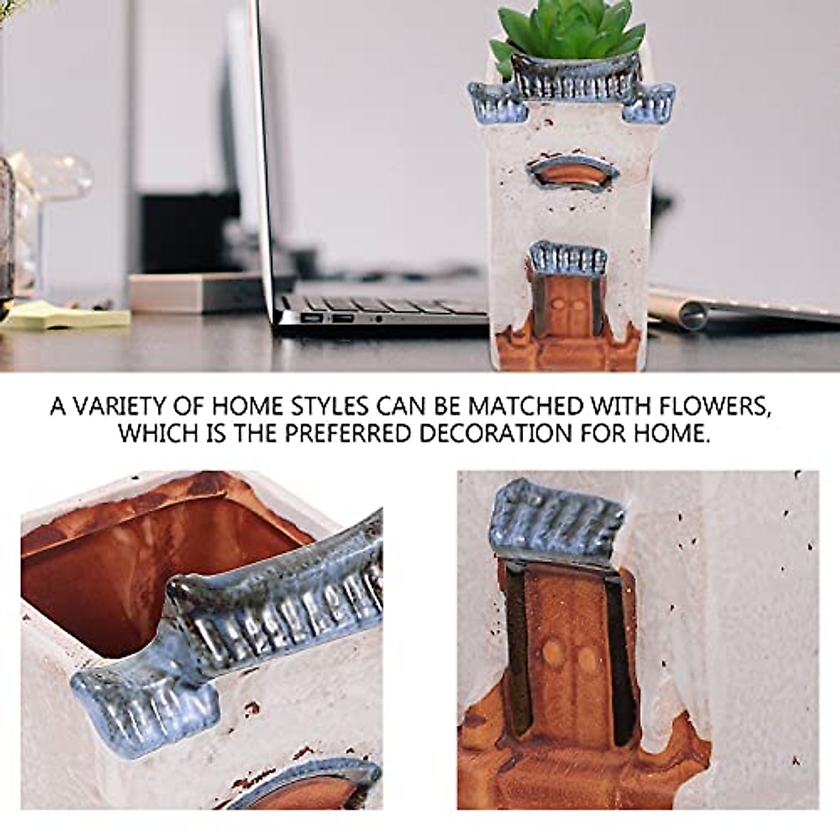 Cabilock 1pc Flowerpot Desktop Flower Vase House Shaped Planter Pot Ceramic Pot Small Plant Pots Cute Flower Pots Chinese Style Flower Planter Planters Mini Ceramics Green Plants Penholder