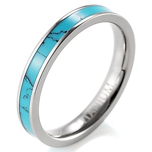 SHARDON Women's 3mm Titanium Ring with Synthetic Turquoise Inlaid Size 6.5