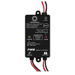 SolarSynthesis Solar Charge Controller Waterproof, 5A Solar Panel Controller 6V/12V Auto 24Hours Load on IP67 Waterproof Solar Controller for Lead-Acid Battery Charge and Discharge Control