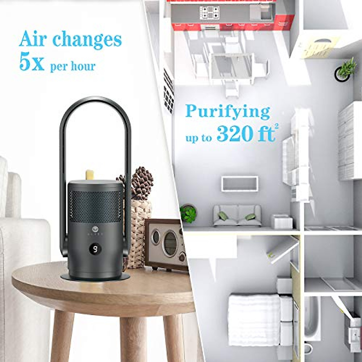 ULTTY Bladeless Tower Fan and Air Purifier in one, 90° Oscillating Bladeless Fan with Remote, Touch, 8H Timer, Floor Fans for Bedroom Whole Room Home Office R021, Black