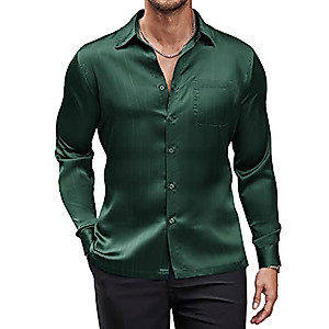 COOFANDY Men's Luxury Dress Shirts Long Sleeve Satin Silk Like Button Down Shirt Party Weddding Prom Army Green, Medium