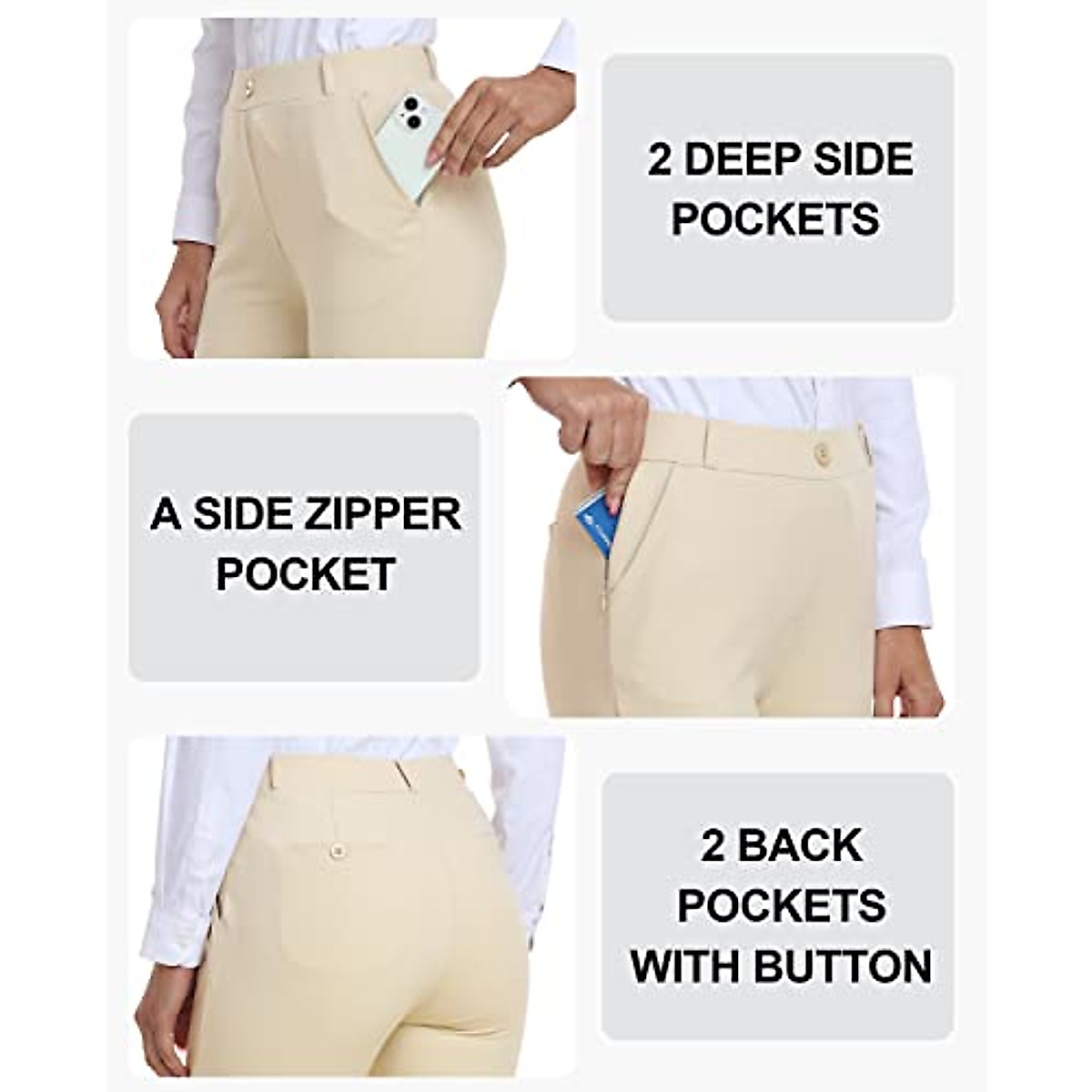 MoFiz Straight Leg Business Casual Dress Pants for Women Stretchy Office Work Teacher Petite Pants High Waisted Golf Slacks Pull On Trousers Khaki L