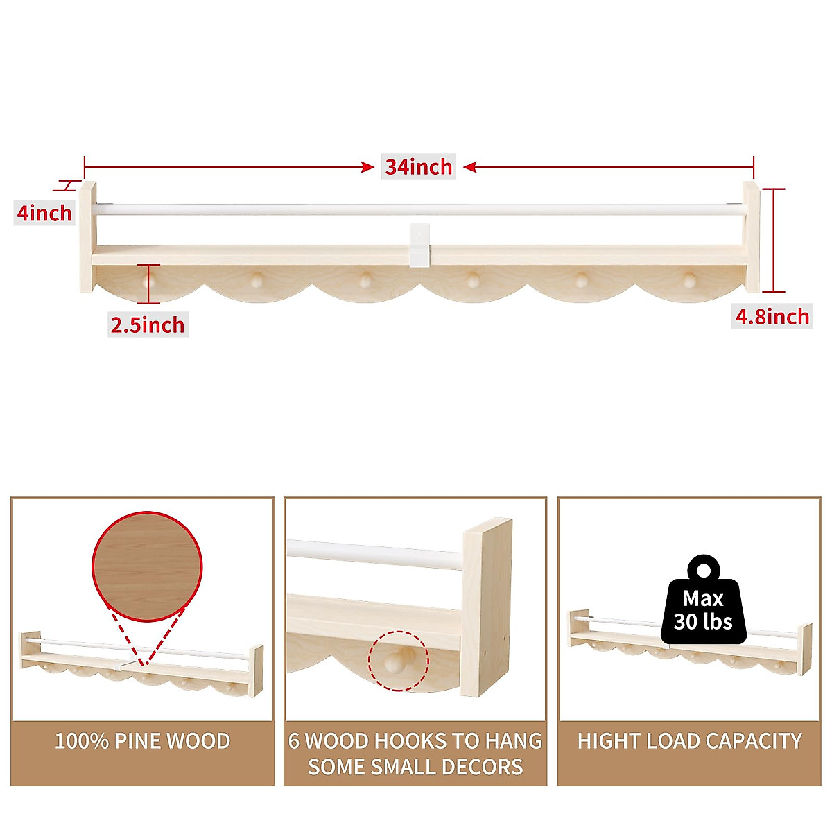 SZYOUYUE Nursery Bookshelves Wall Mounted，34inch，Set of 3, Floating Shelf Kids Coat Rack with 6Hooks,Hanging Shelf for Baby Nursery Room Décor, Patent Number: 29924445,Burlywood