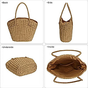 So'each Women's Handbag Wicker Woven Rattan Straw Tote Bag Basket Shoulder Bag Khaki