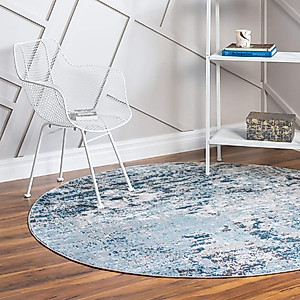 Rugs.com Leipzig Collection Round Rug – 7 Ft Round Blue Low-Pile Rug Perfect for Kitchens, Dining Rooms