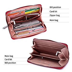 KOWENTIK Women Wallet Leather Zip Phone Clutch Large Travel Organizer Zipper Coin Purse Wristlet (Wallet tye1-Red)