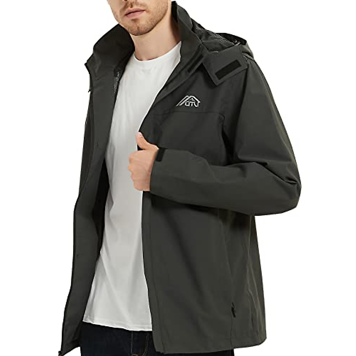 OTU Men's Lightweight Waterproof Hooded Rain Jacket Outdoor Raincoat Shell Jacket for Hiking Travel Darkgrey XL