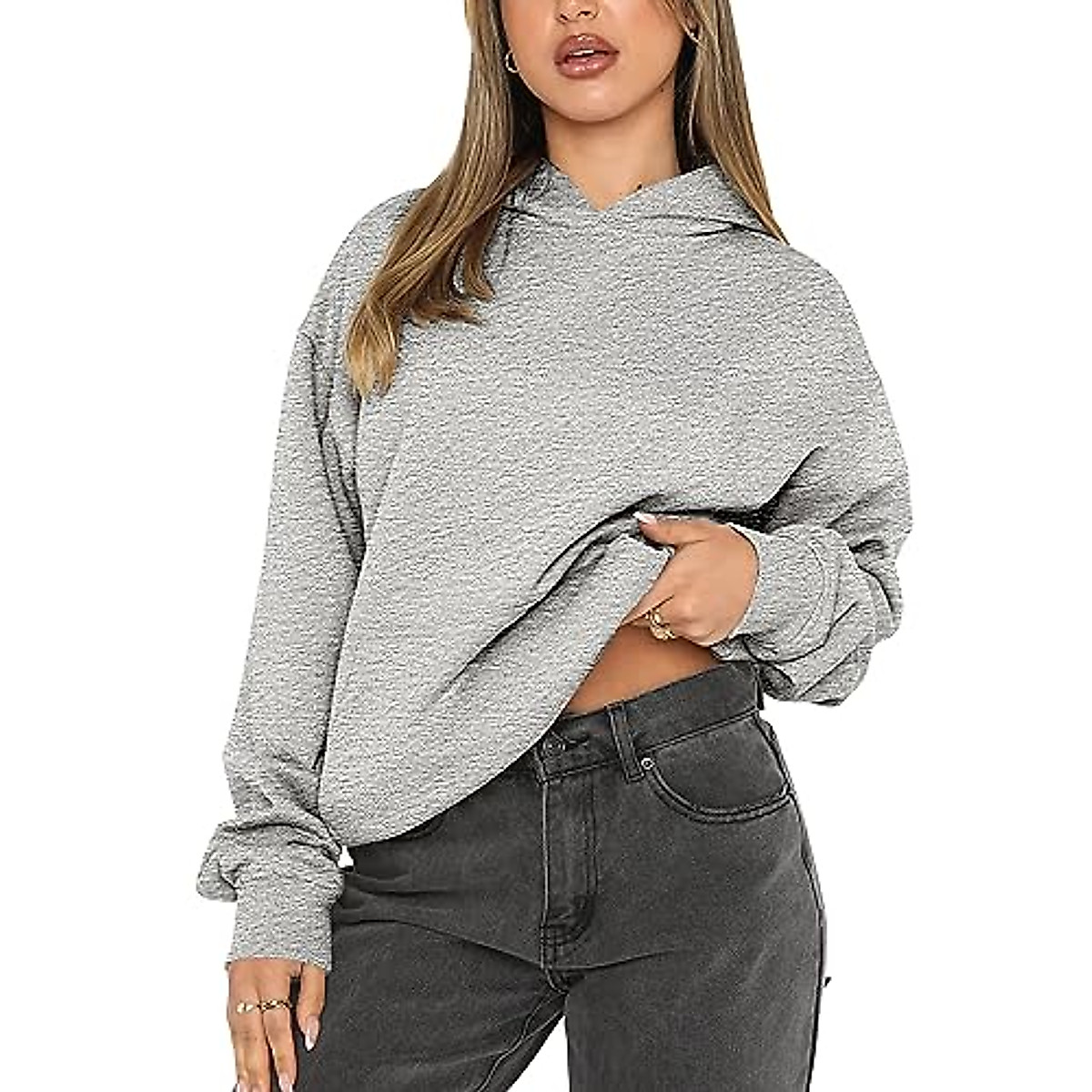 TICTICMIMI Women's Casual Oversized Hoodies Sweatshirts Fleece Long Sleeve Tops Cute Loose Y2K Pullover with Pocket Grey