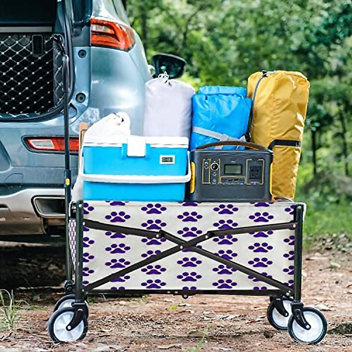 Collapsible Wagon Cart A Simple of Footprints White Purple Animal Tracks Print is Well Suited Foldable Utility Wagon Large Capacity Garden Cart with Push Bar for Beach Camp Outdoor Shopping