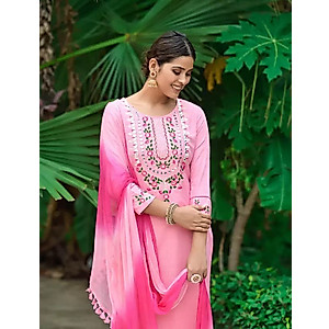 FamLady Embroidered Kurti Set with Pant and Dupatta Indian Art Silk Kurtis for Women (as1, alpha, m, regular, regular, Pink)