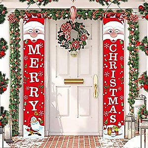Christmas Decorations Banners, Merry Christmas Party Decor, Bright Red Xmas Hanging Banner for Outdoor/Indoor Home Front Door, 100D Fabric Porch Sign 72”x12”