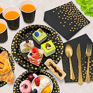 350PCS Black and Gold Party Supplies, Severs 50 Disposable Party Dinnerware, Gold Plastic Forks Knives Spoons and Golden Dot Paper Plates Black Napkins Cups for New Years Graduation Birthday Wedding
