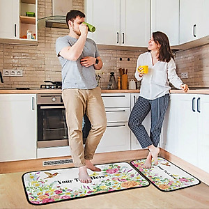 DOMIKING Flower Hummingbird Custom Kitchen Mats 2 Pieces Non-Slip Anti Fatigue Personalized Kitchen Rugs and Mats Set for Floor Cushioned Standing Mats Area Rug Runner for Kitchen Hallway Sink