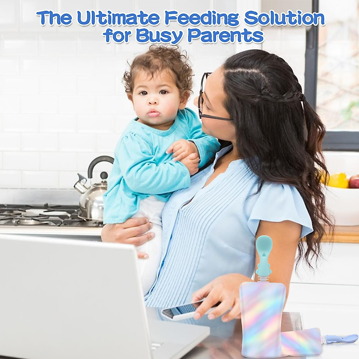 Miniguysa Silicone Baby Spoons & Squeeze Pouch Feeder Attachments Topper: Easy-Clean, Leak-Proof Spoon for Infant Food, Ideal for Diverse Food Pouches, Suitable for 3+ Months Babies 4-Pack, 2.48*1.18