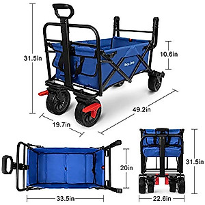 BEAU JARDIN Folding Beach Wagon Cart with Brake Free Standing Collapsible Utility Camping Grocery Canvas Fabric Portable Rolling Buggies Outdoor Garden Sport Heavy Duty Shopping Push Blue BG237