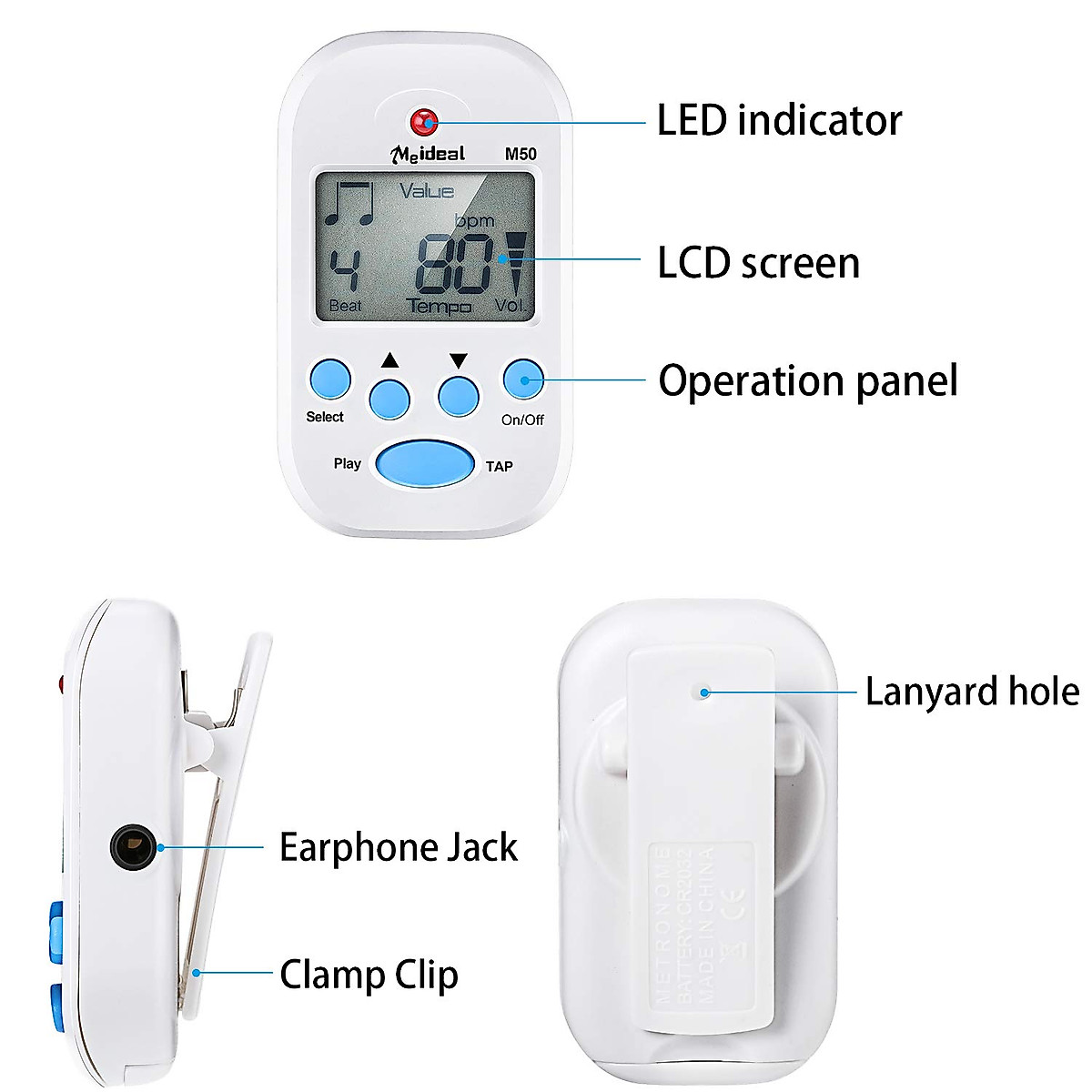 Zhehao 2 Pcs Mini Digital Metronome White, Multifunctional, Portable, Volume Adjustable, Clip On, with Speaker, Tempo, with Battery for Piano, Guitar, Saxophone, Flute, Violin, Drum(White)