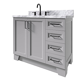 ARIEL 43" Grey Bathroom Vanity with 1.5" Edge Italian Carrara Marble Countertop & Backsplash, Left Oval Sink, 2 Soft Closing Doors, 5 Full Extension Dovetail Drawers, Toe Kick, Matte Black