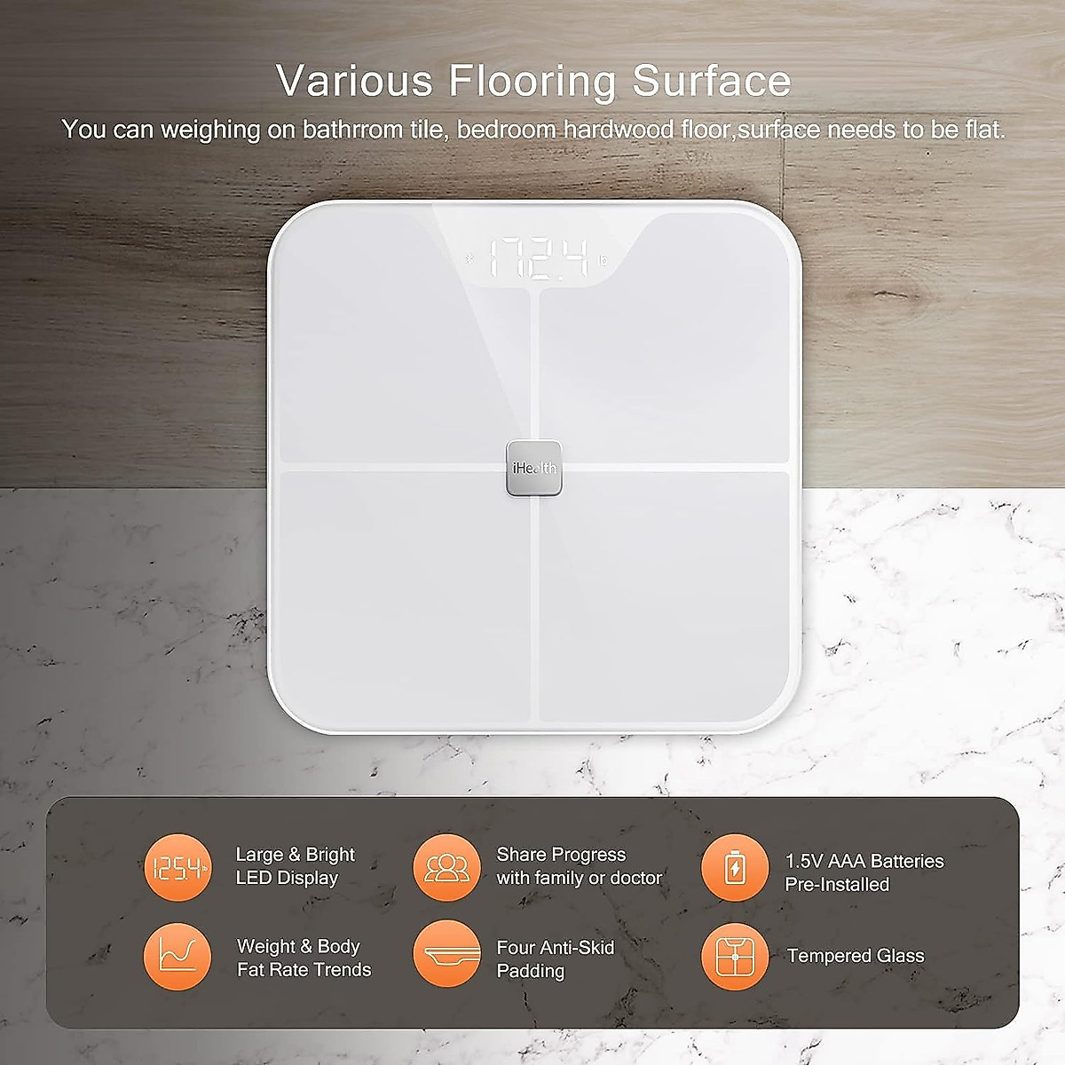 iHealth Nexus Smart Scale for Body Weight Bluetooth, Digital Bathroom Scale Body Fat and Muscle, Body Composition Monitor Health Analyzer for BMI Compatible for iOS & Android Accurate to 0.1lb-White