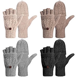 Tarpop 4 Pairs Winter Convertible Gloves Fingerless Mittens Knit Flip Wool Gloves Warm Half Finger Women Gloves with Cover (Black, Gray, Brown, Khaki)