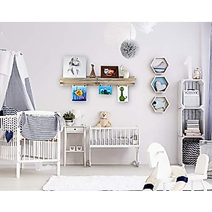 DUCIHBA Set of 2 Wall Mounted Picture Ledge Display Floating Shelves, Twine Cords with Metal Clips to Hanging Photos, Prints, Artwork for Nursery, Living, Bedroom, Rustic Torched Wood, Farmhouse Gray