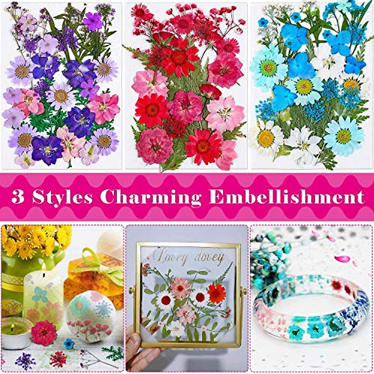 Thrilez 100Pcs Pressed Dried Flowers for Resin Molds, Natural Dried Flower Herbs kit for Scrapbooking Supplies Card Making Supplies Resin Jewelry Making Soap and Candle Making(Blue, Purple, Red)
