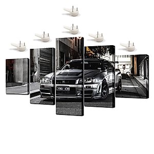 Black and White Nissan Skyline GTR R34 canvas wall art Car Art - 5 Pieces Canvas Wall Art, GTR Canvas Wall Art, supercar picture,boys bedroom decor,living room decor office decor,man cave decor