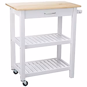 Amazon Basics Kitchen Island Cart with Storage, Solid Wood Top and Wheels, 35.4 x 18 x 36.5 inches, Natural / White