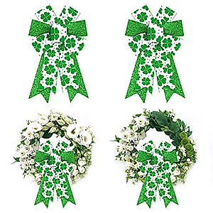 ALIBBON 2Pcs St. Patrick's Day Bows for Wreaths, St Patrick's Wreath Bows, Glitter Green Bows for Crafts, Irish St. Patrick's Day Decor, Green Shamrock Bows for Parades Party Supplies Decorations