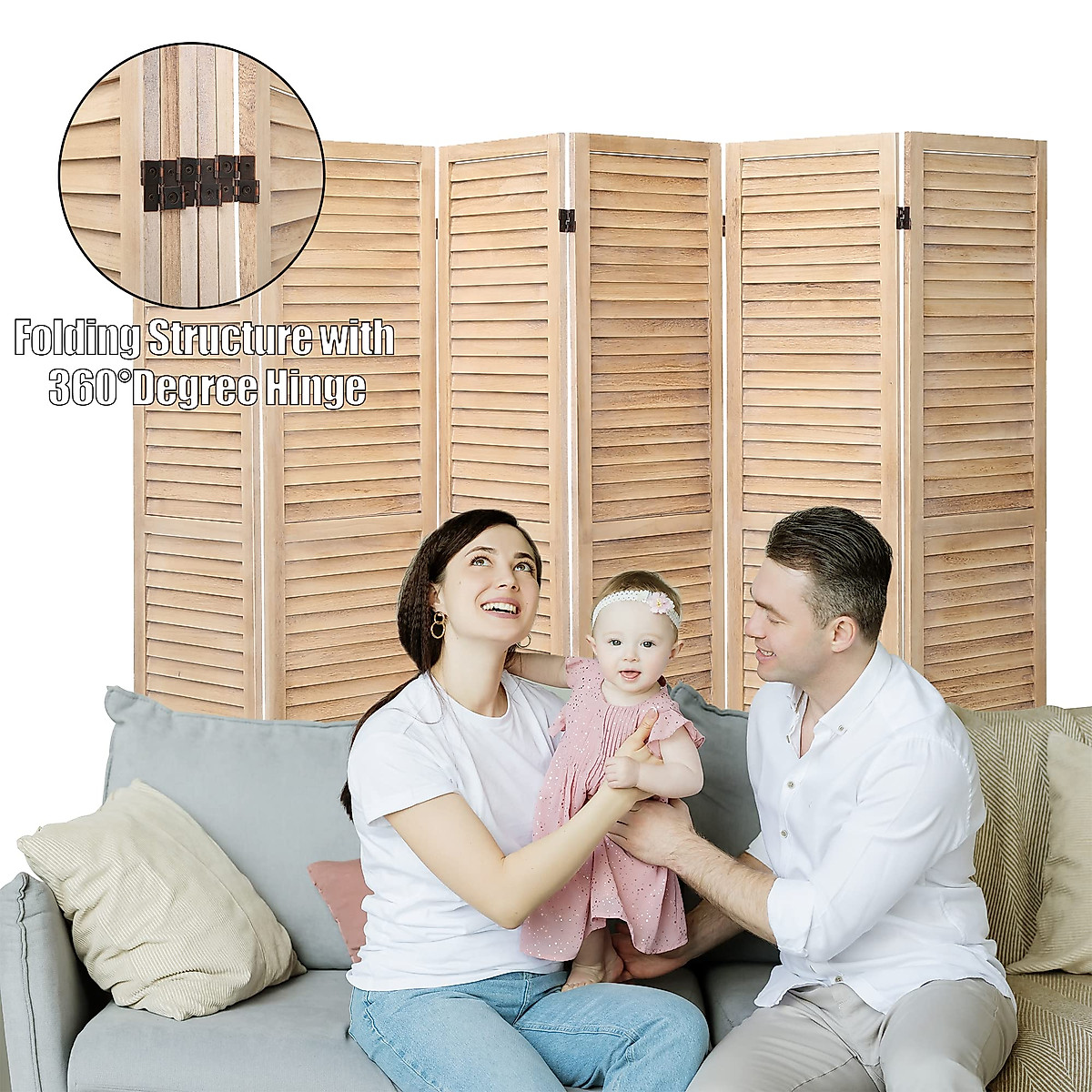 ECOMEX 6 Panel Wood Room Divider, Folding Room Divider Privacy Screen 5.6Ft Tall, Freestanding Louvered Divider Screen for Home Office Restaurant Bedroom(Cream)