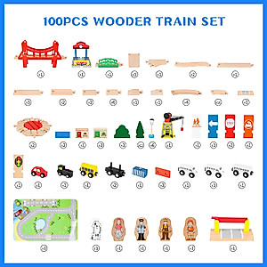 Joqutoys Wooden Train Set, 100 Pieces Toy Train Set for Toddlers 3+ Years Old, Train Tracks Toys with Tower Crane & Suspension Bridge, Fits All Major Brands