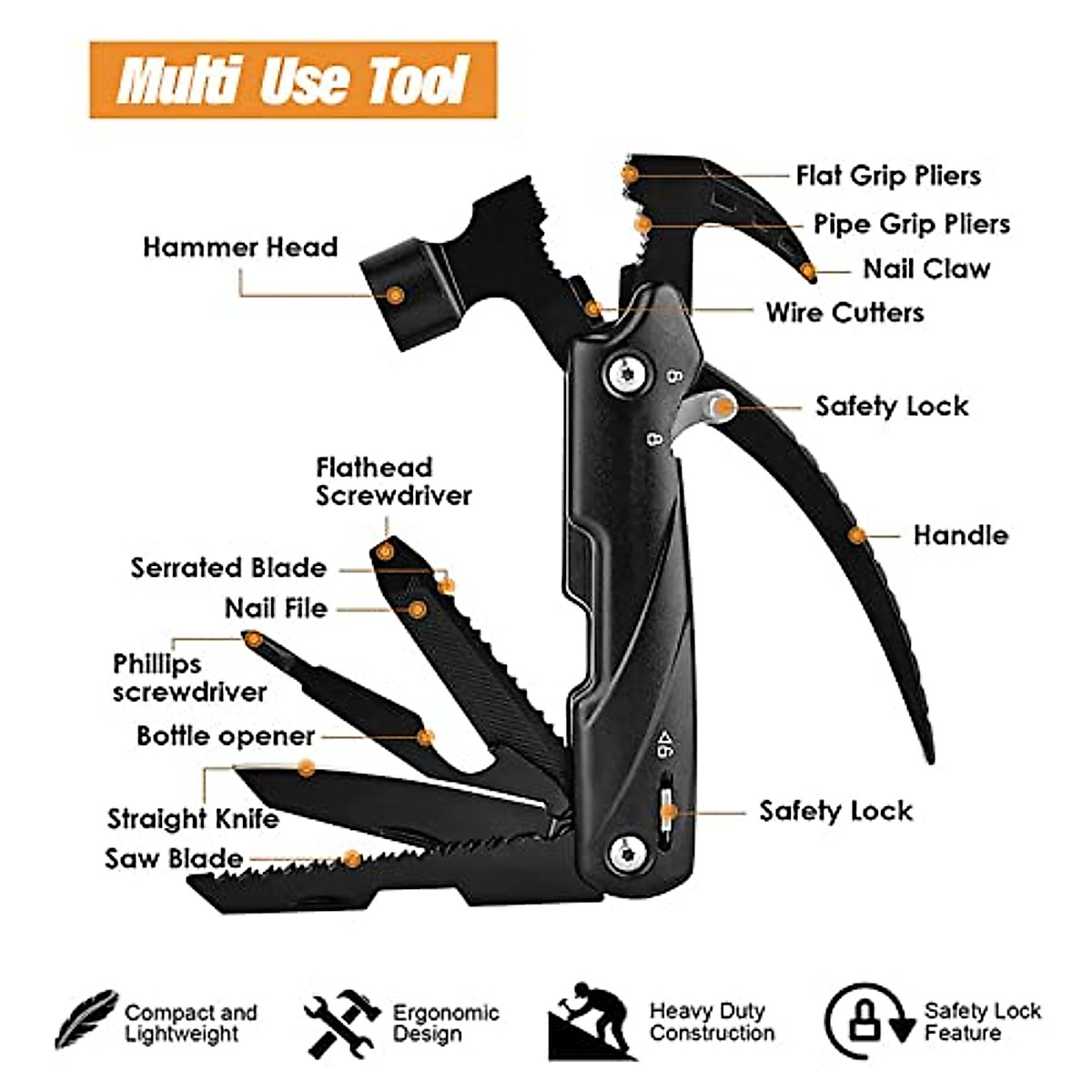 Hammer Multitool Camping Accessories, All in One Survival Tools Cool Gadgets Stocking Stuffers for Fishing Hiking Anniversary Birthday Cool Stuff Gifts for Dad Man Boyfriend Husband