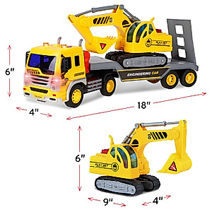TOYTHRILL Tow Truck with Excavator Toy for Boys 2+ Year Old, Construction Truck Toy with Excavator, Semi Truck with Lights and Sounds, Flatbed Truck Toy Push and Go Construction Vehicle for Kids