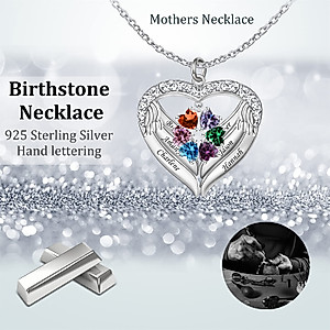 ORFANDE Personalized Mothers Necklace with 1-6 Names and Simulated Birthstones Custom Heart Pendant Necklace for Mom Personalized Mother Necklace for Christmas (6 Names)