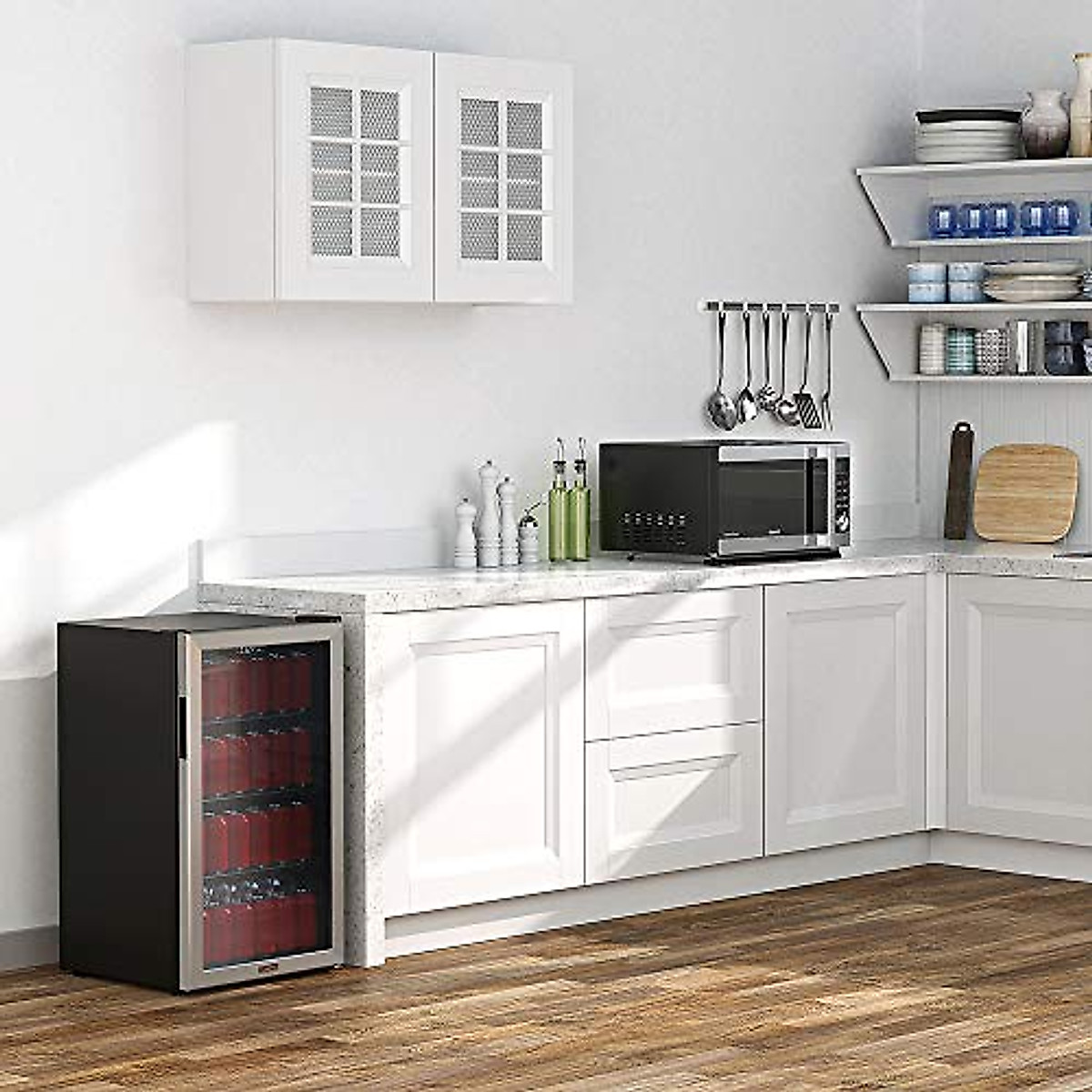 Galanz Beverage Refrigerator Cooler - 130 Can Mini Fridge with Reversible Glass Door & Adjustable Shelves for Soda Beer or Wine - Small Refrigerator for home office or Bar Stainless steel GLB36MS2F07