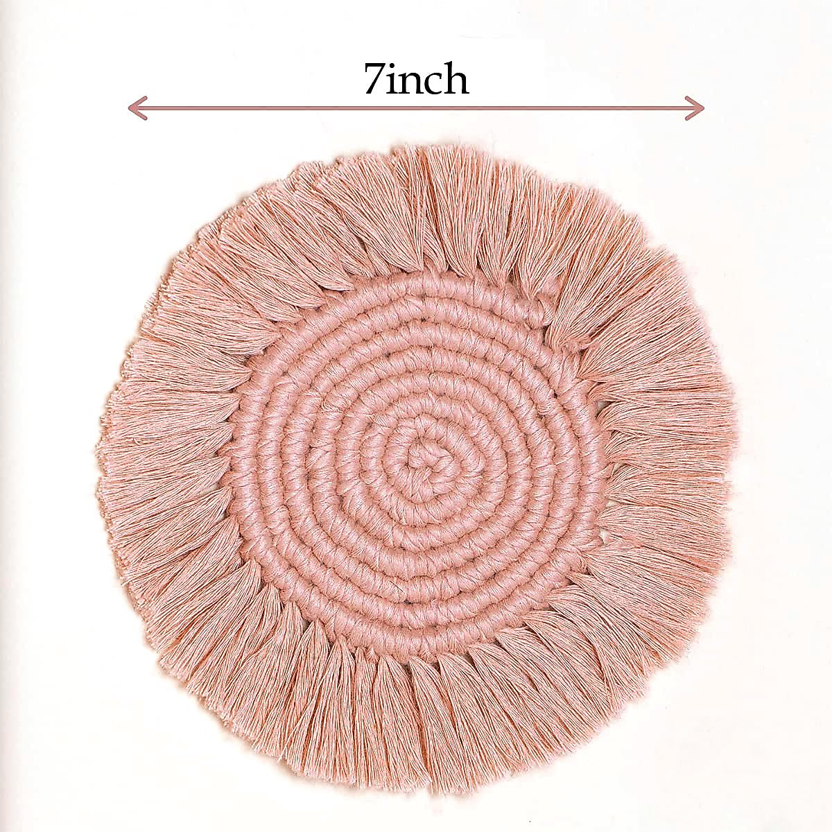 2 Pack Macrame Pink Coasters for Drinks, 7in Woven Boho Coaster Set, Handmade Absorbent Cotton Boho Coasters for Wooden Table Decor Boho Home Decor Housewarming Gift