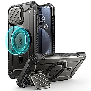 SUPCASE for iPhone 15 Pro Max Case with Camera Cover & Stand (UBMag XT) [Compatible with MagSafe] [Built-in Kickstand] [Military-Grade Protection] Heavy Duty Rugged Magnetic Phone Case 6.7", Black