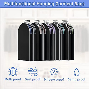 TOSHISON Hanging Garment Bags, 5 Pcs Suit Bag with 6.3" Gusset, Garment Bags for Storage, Garment Bags for Hanging Clothes, Suit Bags for Closet Storage, Suit Cover for Clothes