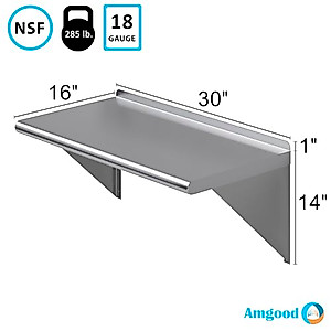 AmGood 16 in. x 30 in. Stainless Steel Wall Shelf | NSF Certified | Appliance & Equipment Metal Shelving | Kitchen, Restaurant, Garage, Laundry, Utility Room