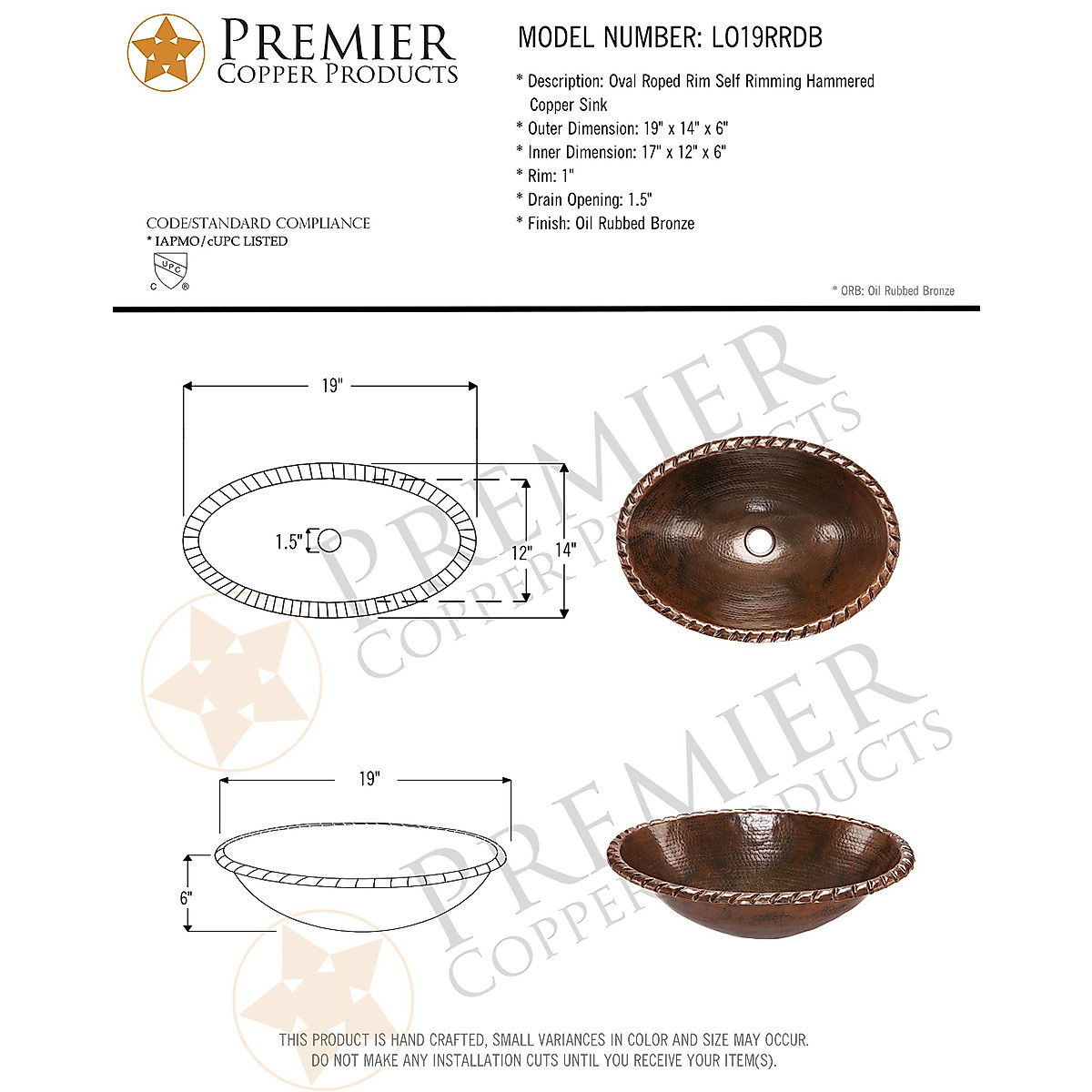 Premier Copper Products LO19RRDB 19-Inch Oval Roped Rim Self Rimming Hammered Copper Sink, Oil Rubbed Bronze