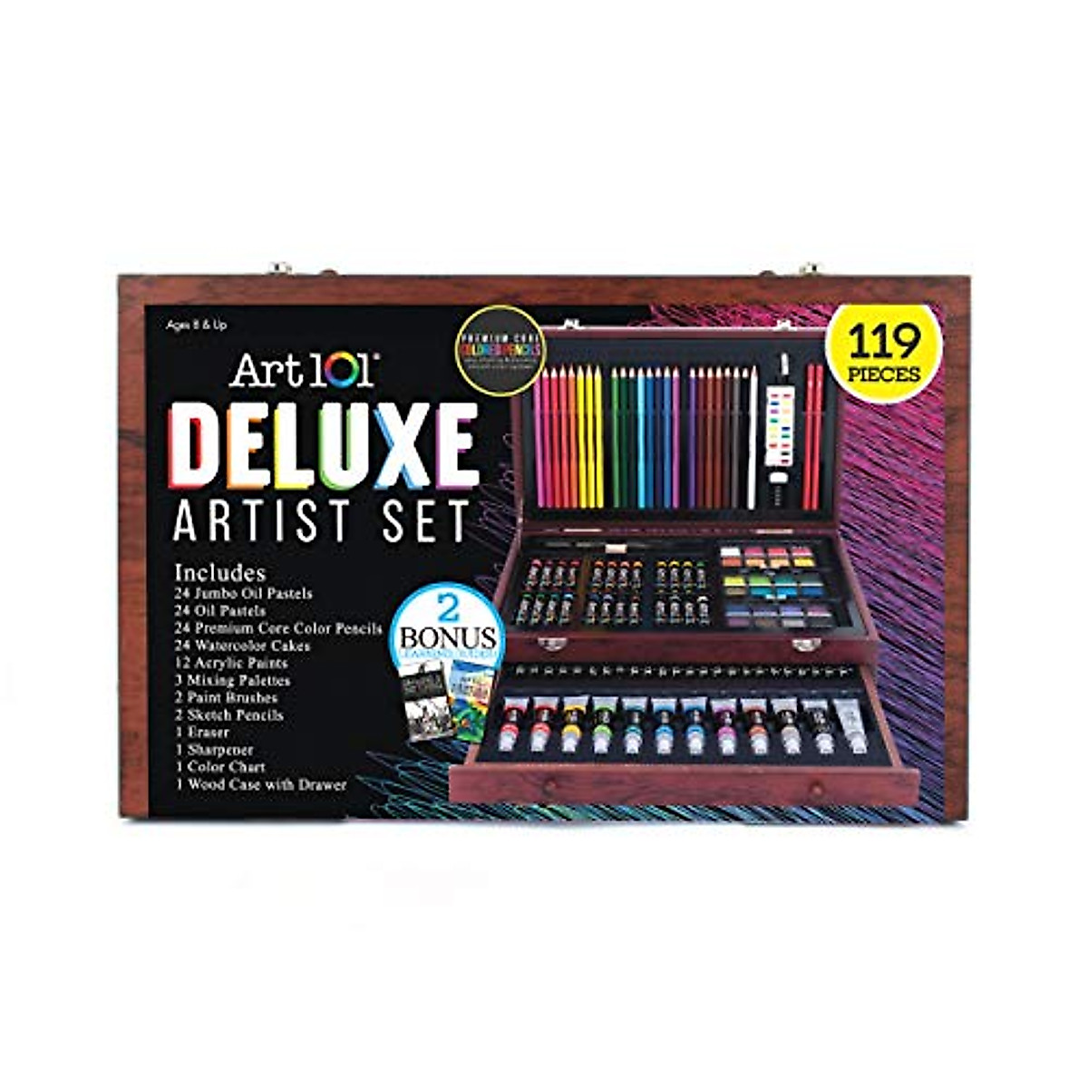 Art 101 USA Deluxe Art Set with 119 Pieces in a Wood Organizer Case, Includes Color Pencils, Paints, brushes and palettes, Learning guides, Portable Art Studio