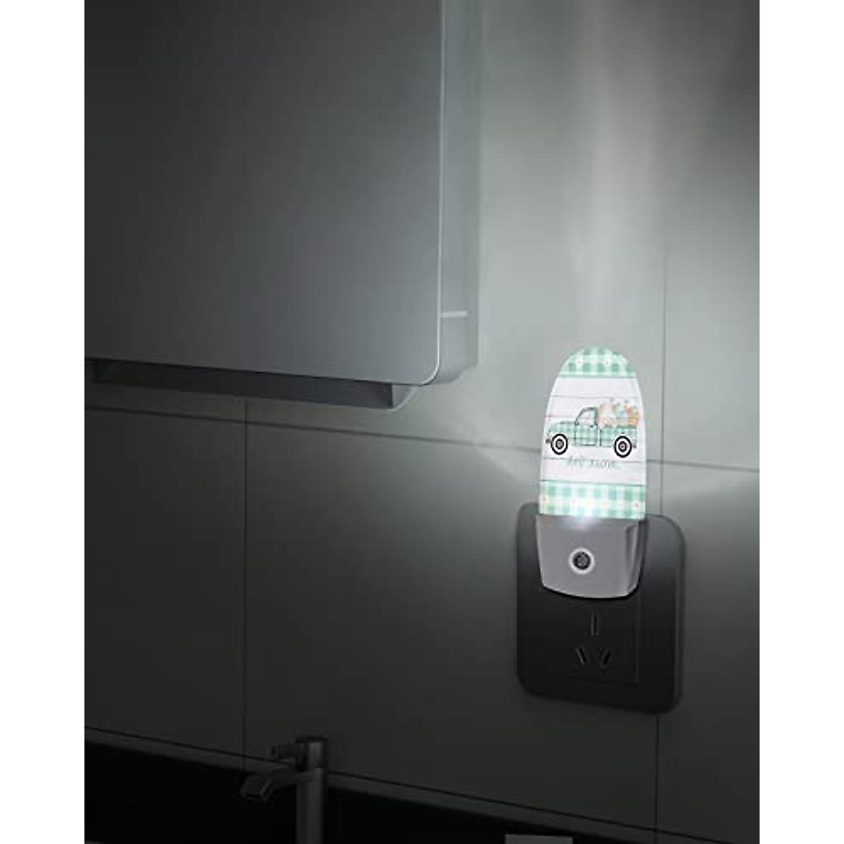 Plug-in LED Night Light with Auto Light Sensor - Popsicle Shape Nightlight Baby Night Lights for Hallway Bedroom Kids Room - Happy Easter Green Plaid Truck with Bunny and Easter Eggs Retro Wood Board