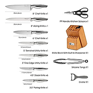 Knife Set with Built-in Sharpener Block, Kitchen Knife Set with Block, 16 Pcs High Carbon Stainless Steel Block Knife Set with Self Sharpening and 6 Steak Knives, Kitchen Shears,Silicone tongs