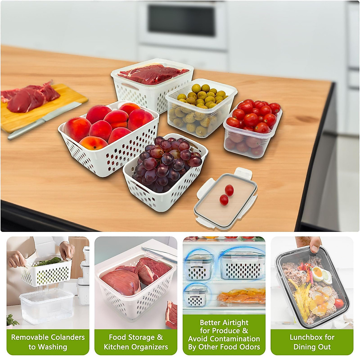 Xiureim 3 Pack Fruit Storage Containers for Fridge with Colanders, 4 in 1 Produce Saver Storage Containers, Airtight Food Storage Containers with Lids for Salad Berry Lettuce Vegetables Meat Keeper