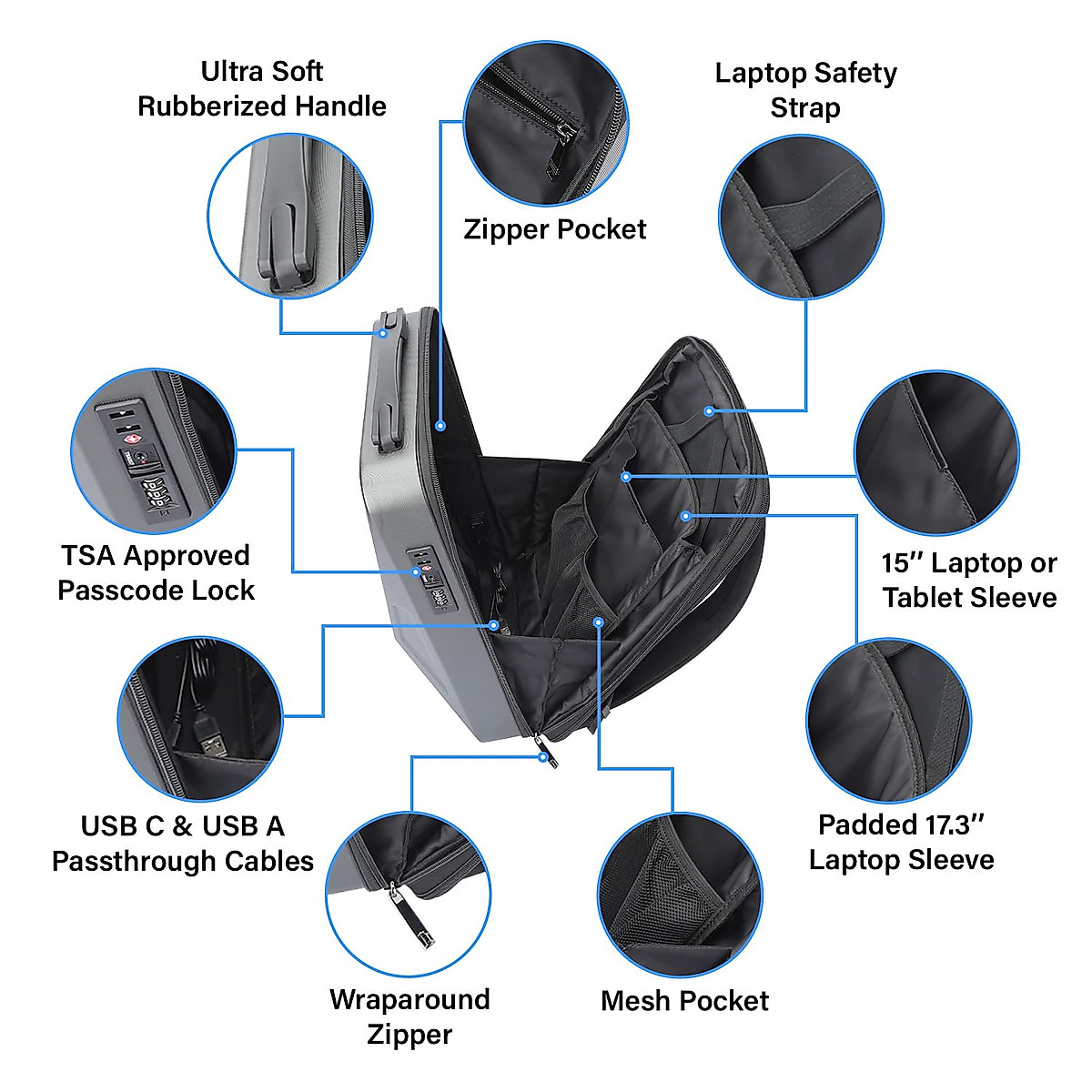 Cyberbackpack Gray Expandable Anti-theft 17.3 Inch Laptop Computer Lightweight Work Business Travel Hiking Student College Motorcycle Fashion Adult Unisex Hard Backpack for Men Women With USB Charging