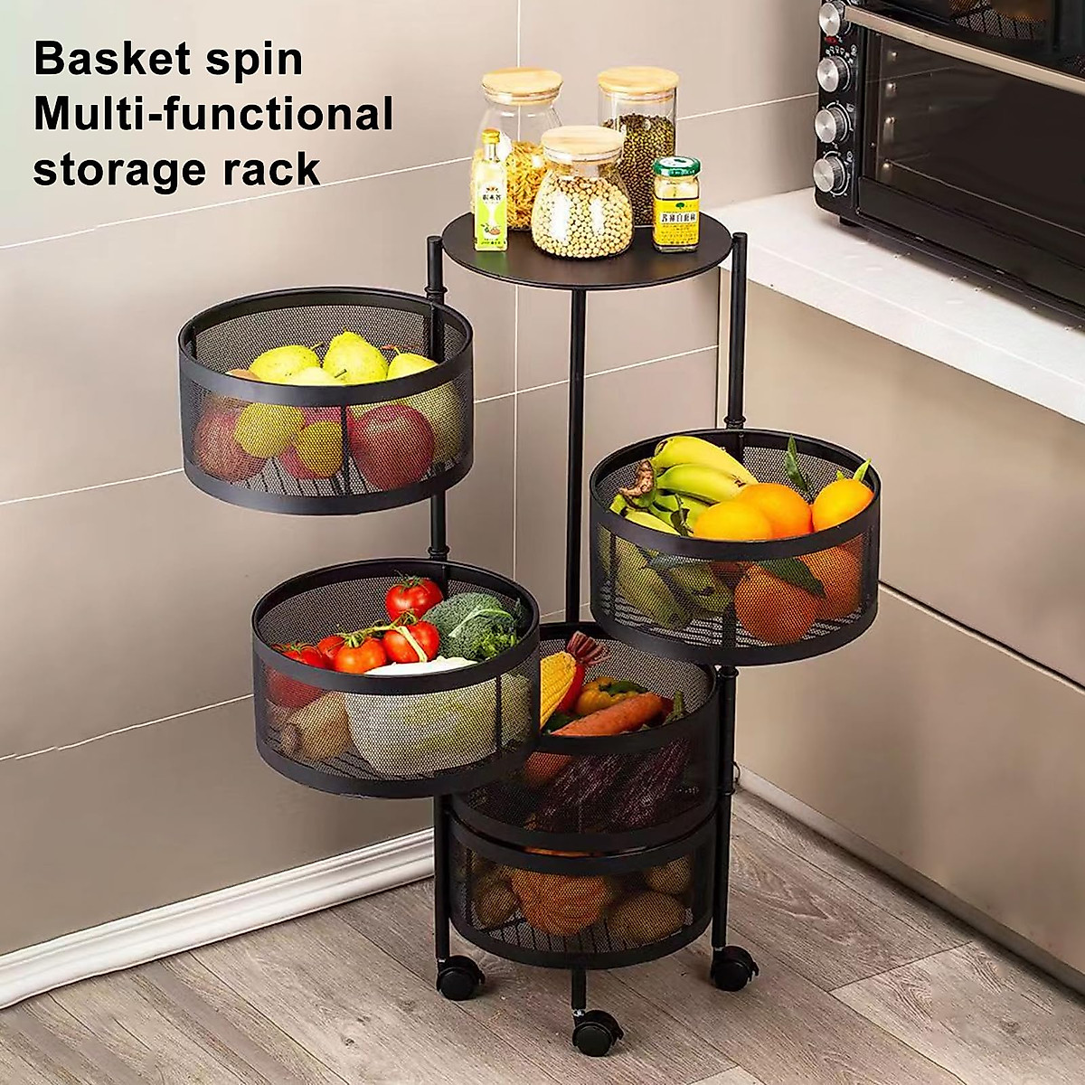 Grebest Kitchen Fruit Vegetable Storage Cart, 5 Tier Circular Rotating Basket with 360 Degree Wheels, Metal Wire Shelf with Top Lid for Living Room/Kitchen/Office Black Five Layers