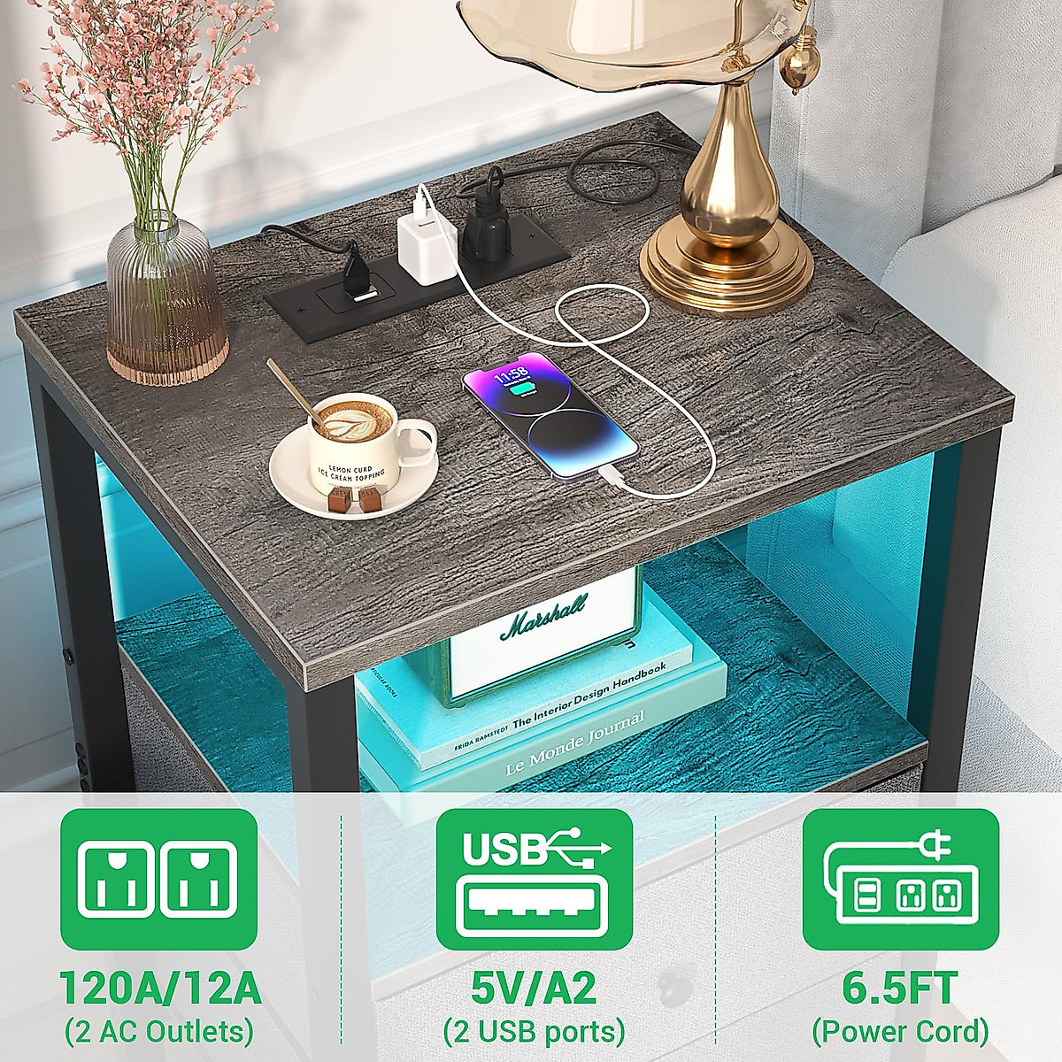 Cyclysio NightStands Set of 2 with LED Lights, Night Stand with Charging Station, 25.6'' Bedside Tables with 2 Drawers for Bedroom Living Room, Grey