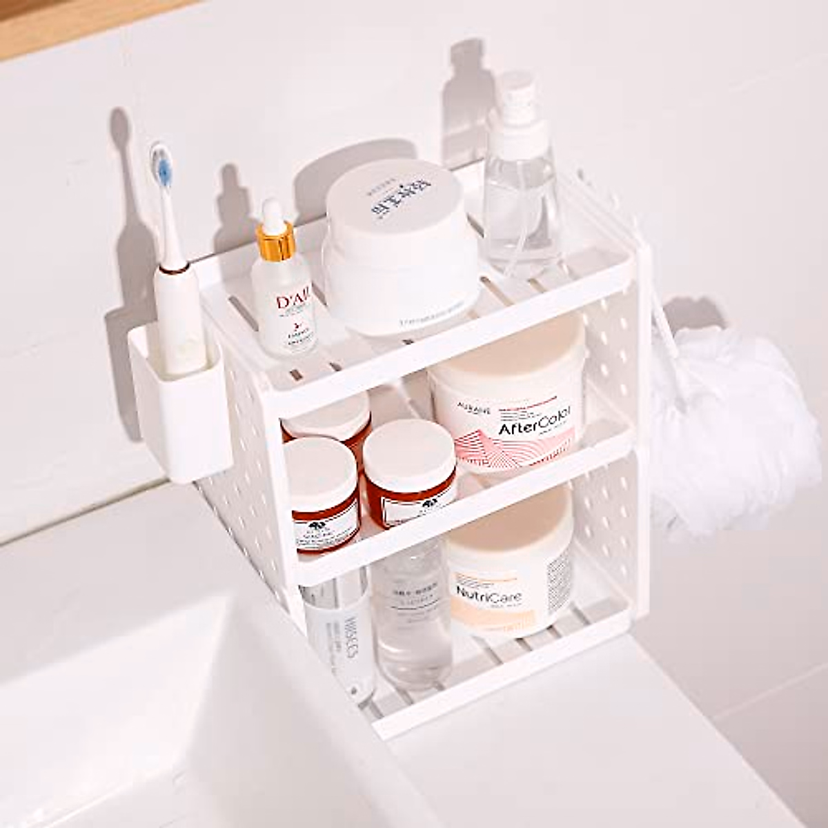 RED SECRET R Bathroom Organizer Countertop Makeup Storage Organizer for Vanity, Bathroom Counter Shelf, Skin Care Cosmetic Organizer Countertop with Toiletries Basket & Hook
