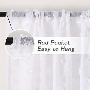 MYSKY HOME Pom Pom White Sheer Curtains for Bedroom Living Room Light Filtering Semi-Sheer Curtains for Nursery Girls Kids Room Rod Pocket Boho Voile Draperies White 52 x 63 inch 2 Panels